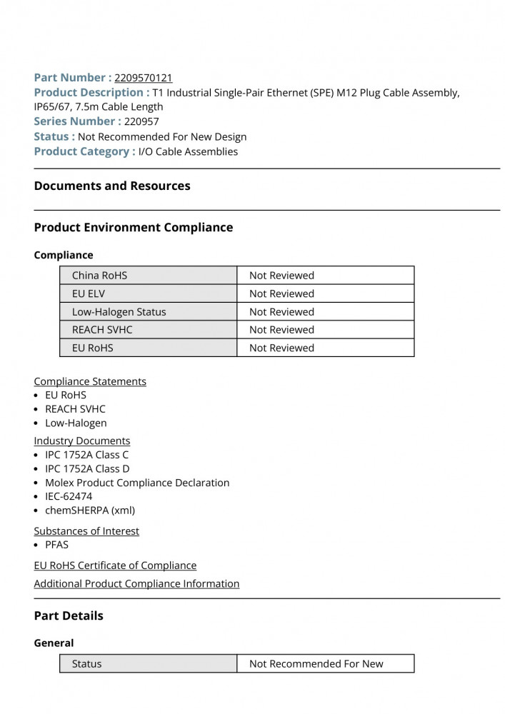 Technical document image for MOLEX 2209570121, page 1
