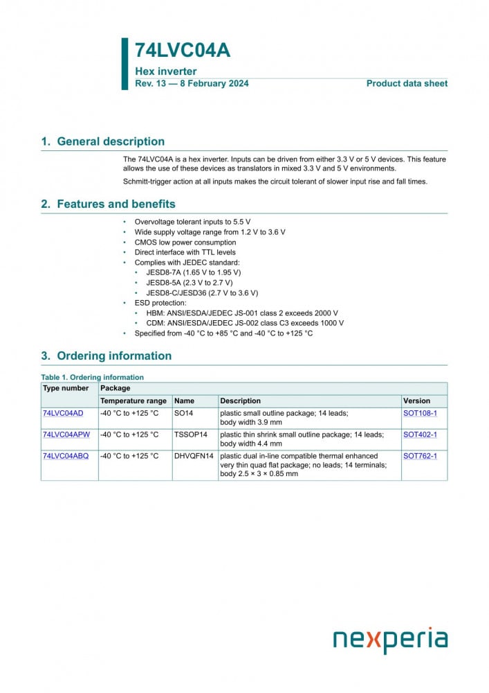 74LVC04A datasheet page 1