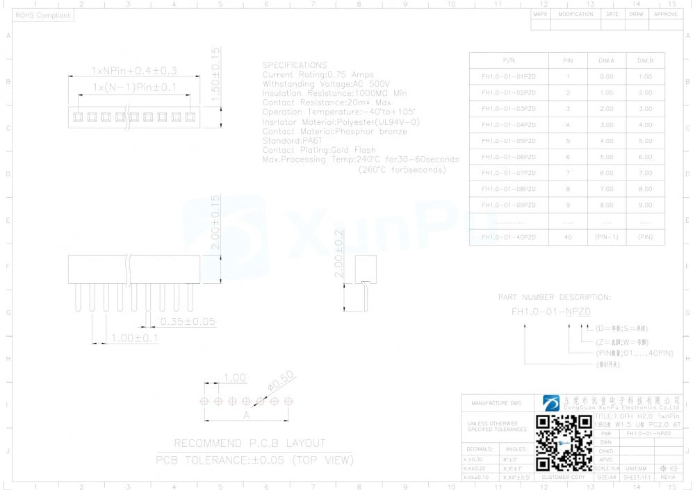 XUNPU FH1.0-01-07PZD manufacturer drawing