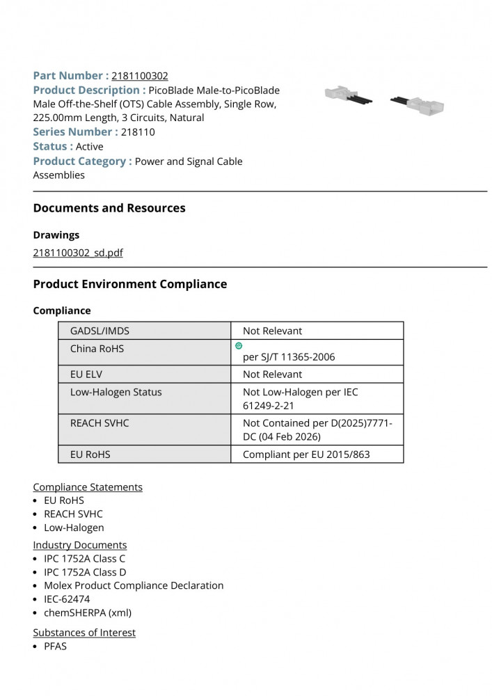 MOLEX 2181100302 product drawing, page 1