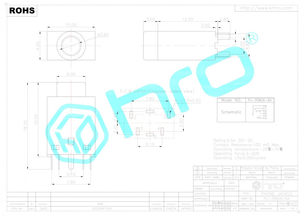 HRO PJ-3580A-6A phone jack technical drawing