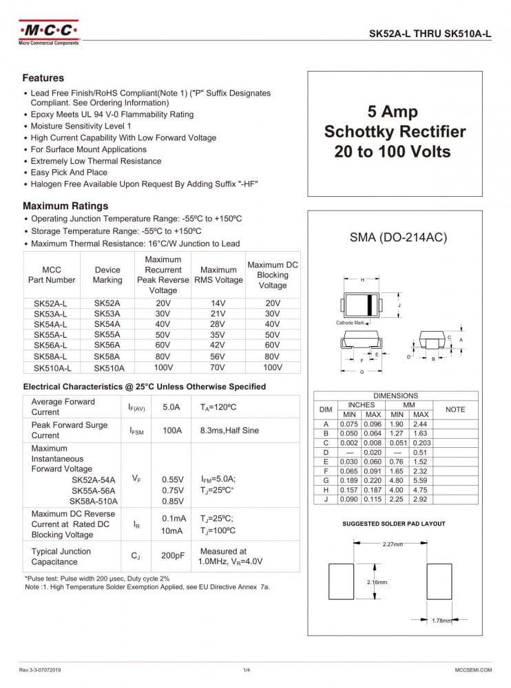 MCC SK54A-LTP datasheet page 1