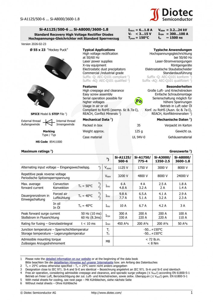 DIOTEC SI-A high-voltage rectifier datasheet page 1