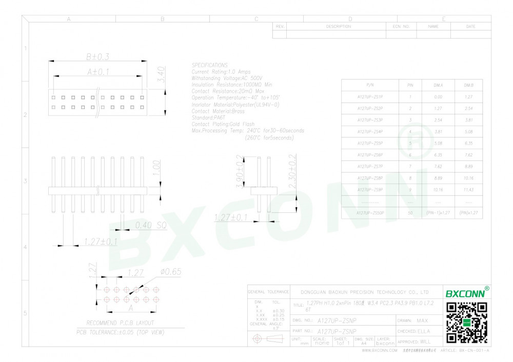 BXCONN A127UP-ZS18P technical drawing page