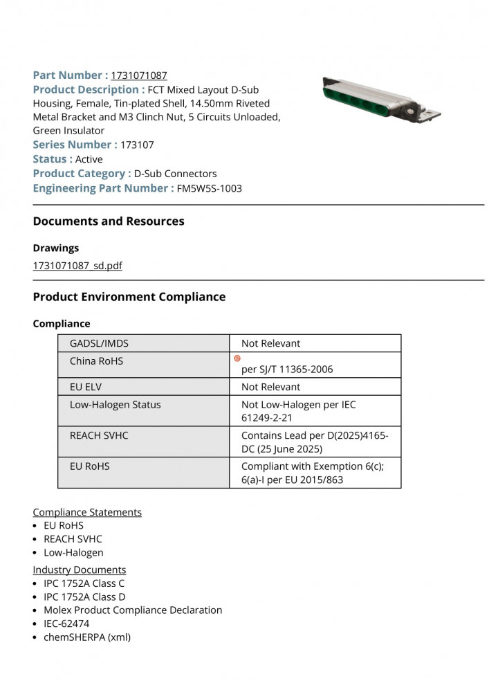 MOLEX 1731071087 product drawing, page 1