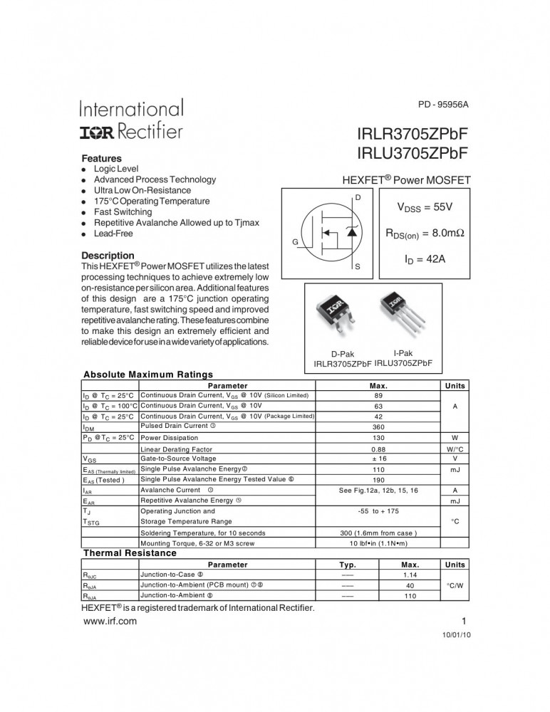IRLR3705ZTRPBF datasheet page 1