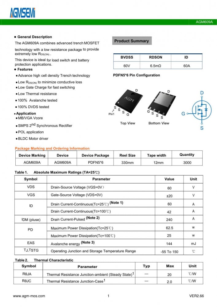 AGM609A datasheet page 1