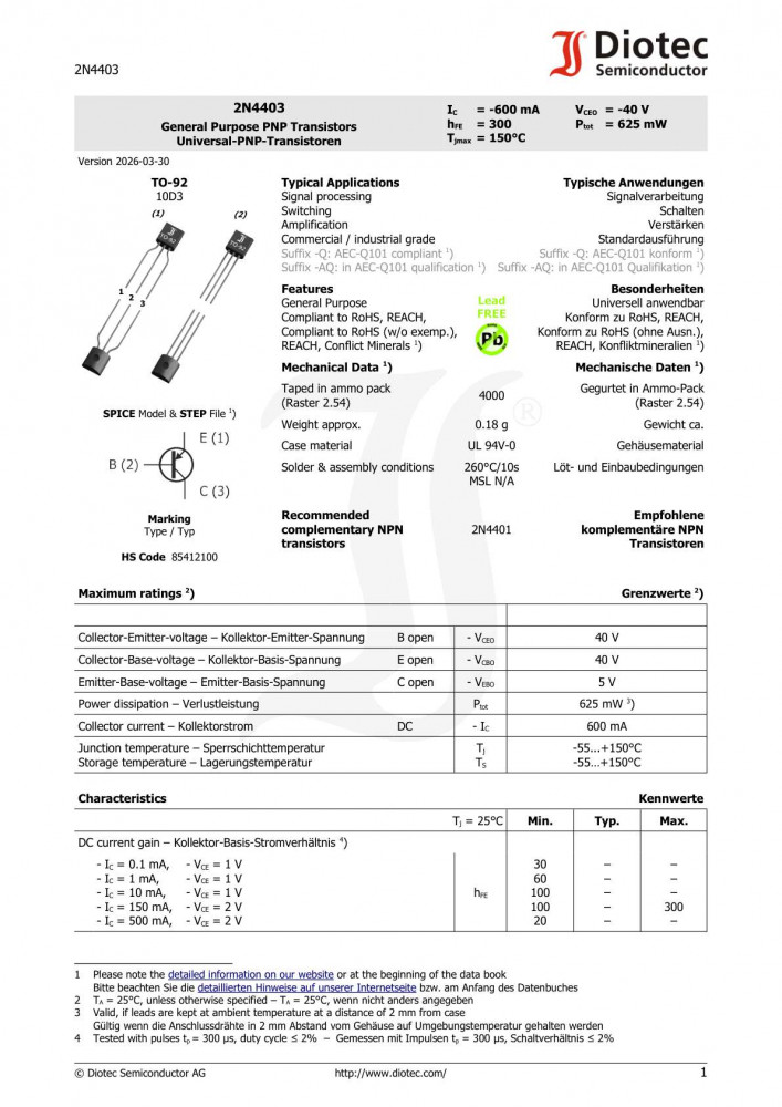 2N4403 datasheet page 1