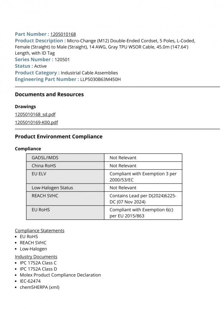 MOLEX 120501 series packaging document page 1