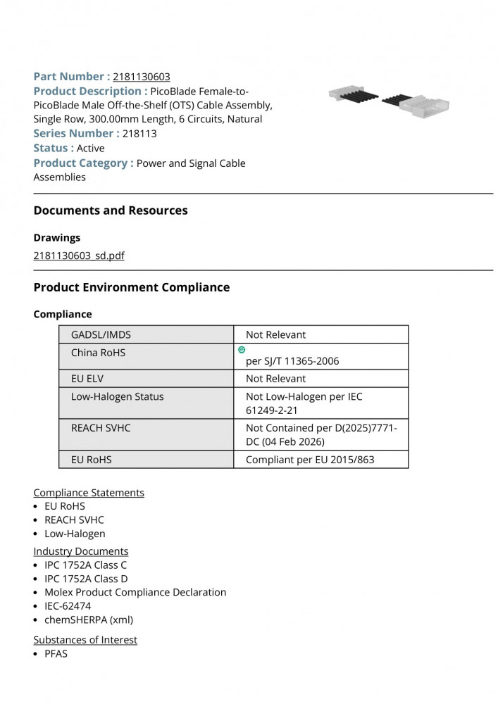 MOLEX 2181130603 drawing preview, page 1