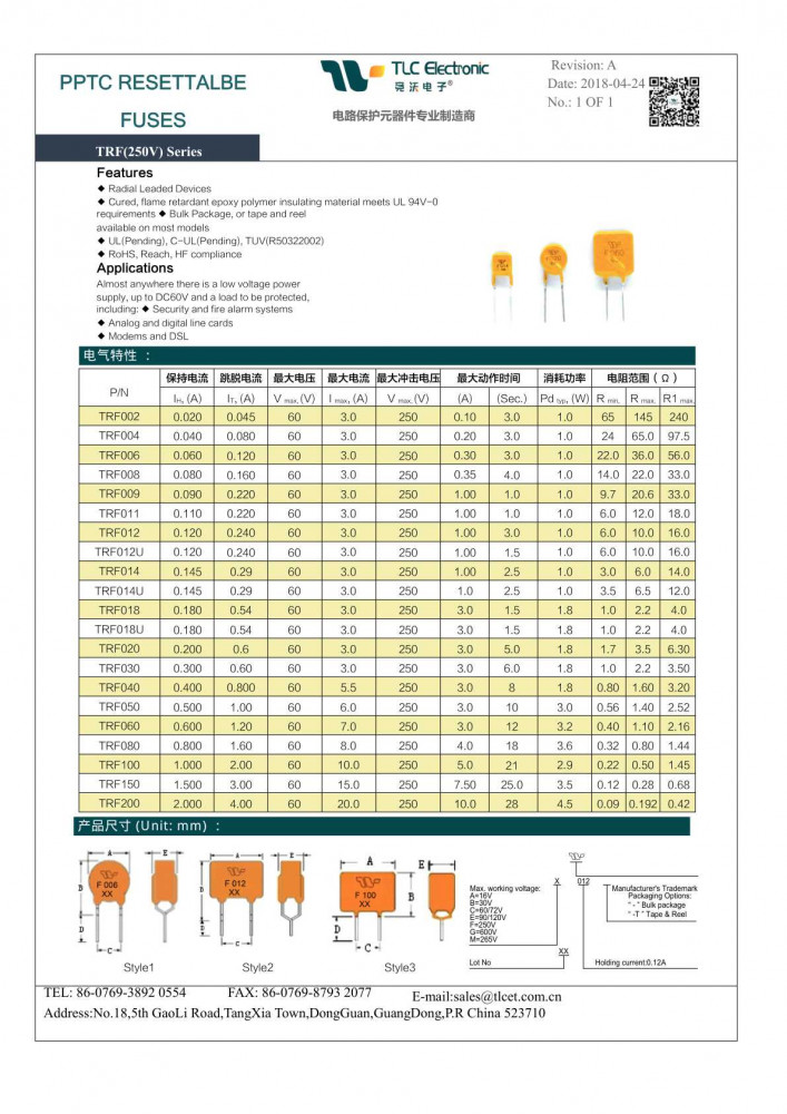 TLC Electronic TRF series datasheet page 1