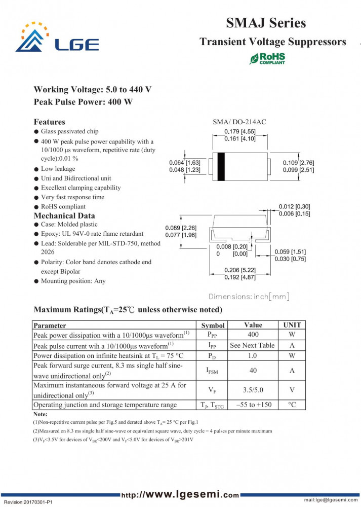 LGE SMAJ TVS diode datasheet page 1