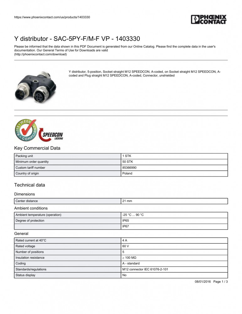 Phoenix Contact 1403330 product catalog page