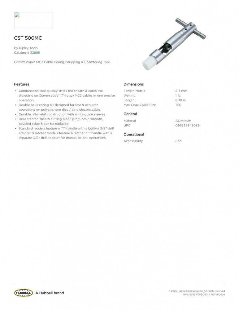 Technical document image associated with CST 500MC cable preparation tool