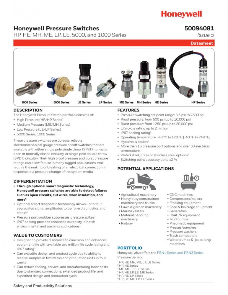 Honeywell pressure switch datasheet page 1