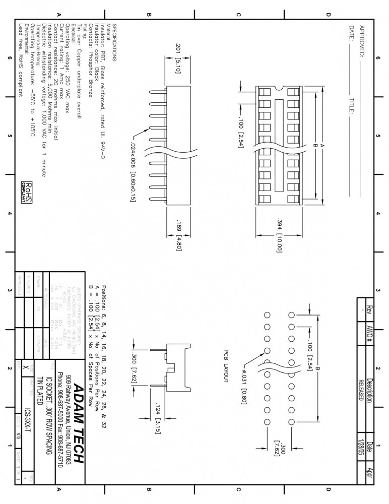 ADAM TECH ICS-3XX-T IC socket technical drawing and PCB layout