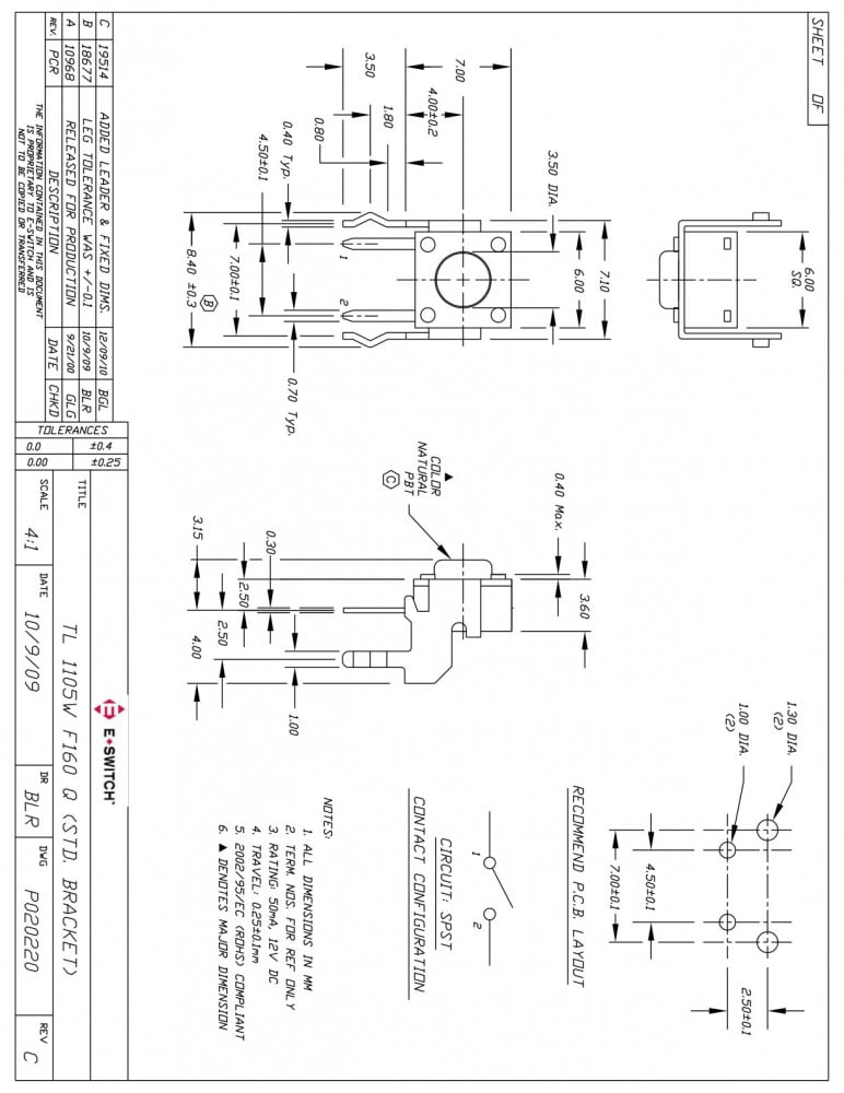 E-Switch TL1105WF160Q technical drawing