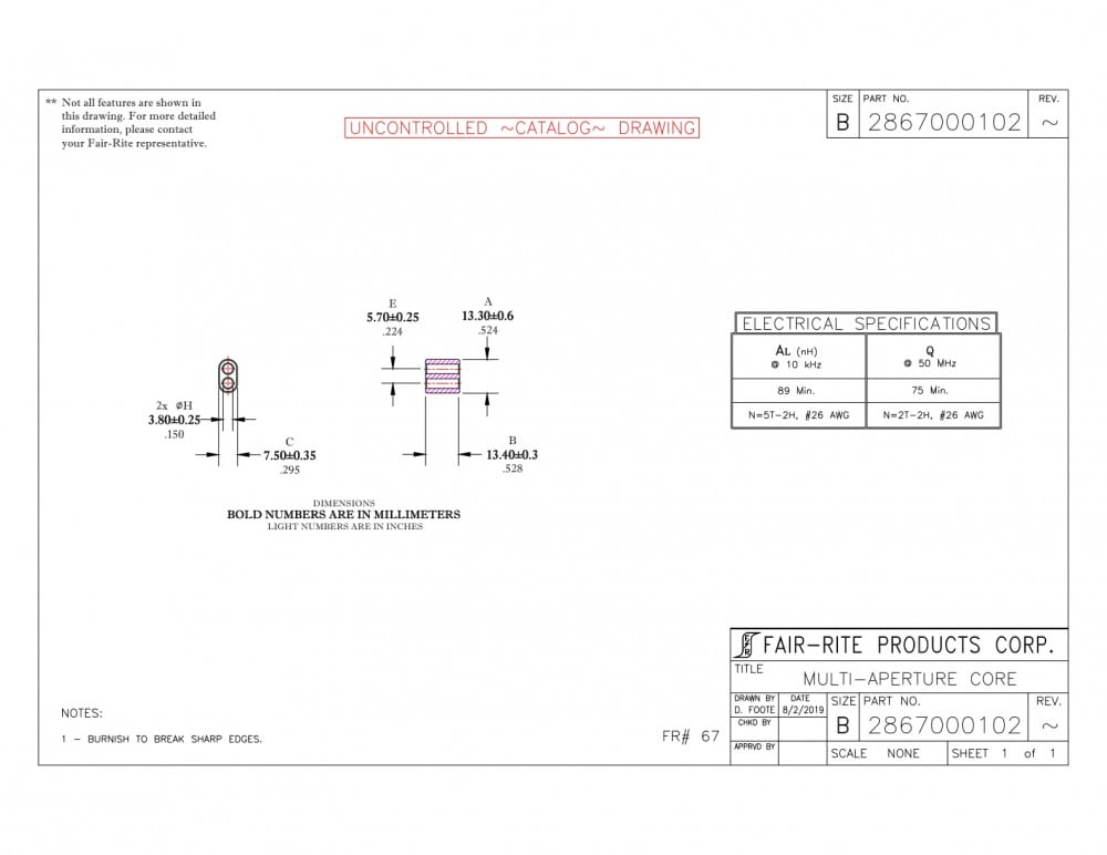 Fair-Rite 2867000102 multi-aperture core technical drawing