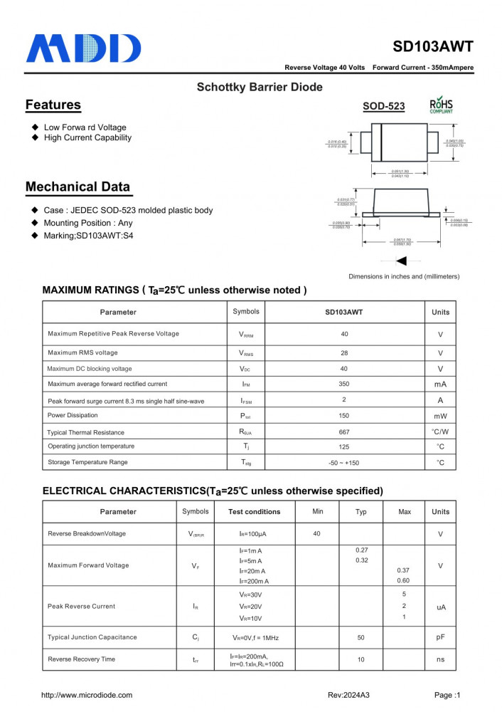 SD103AWT datasheet page 1