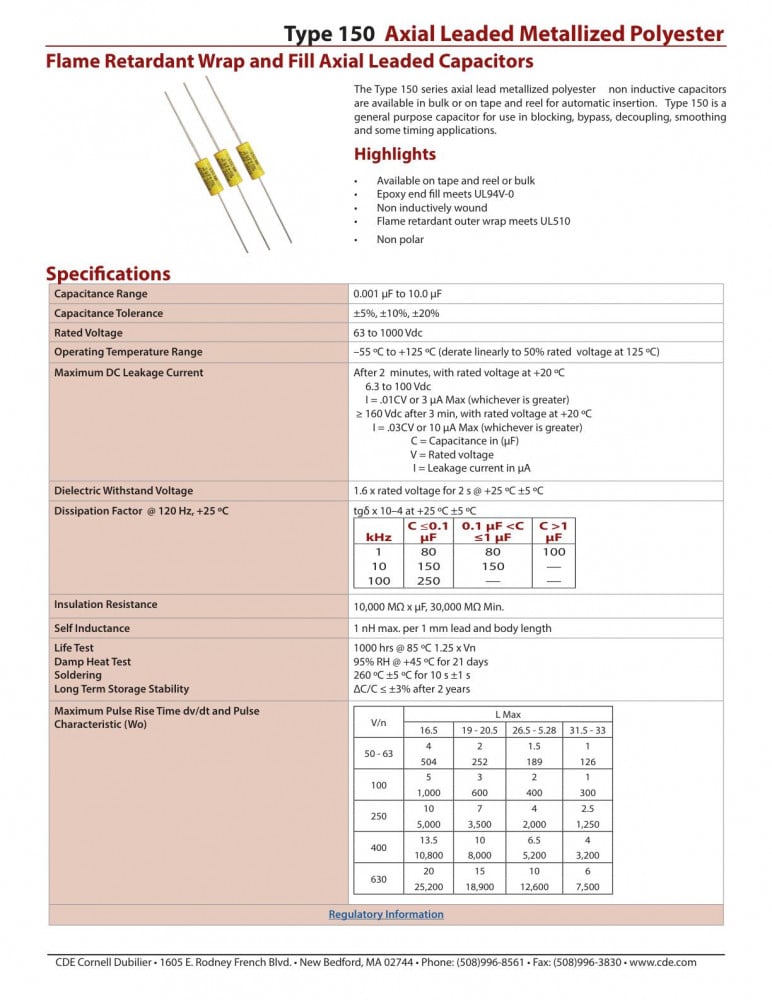 Cornell Dubilier Type 150 datasheet page 1