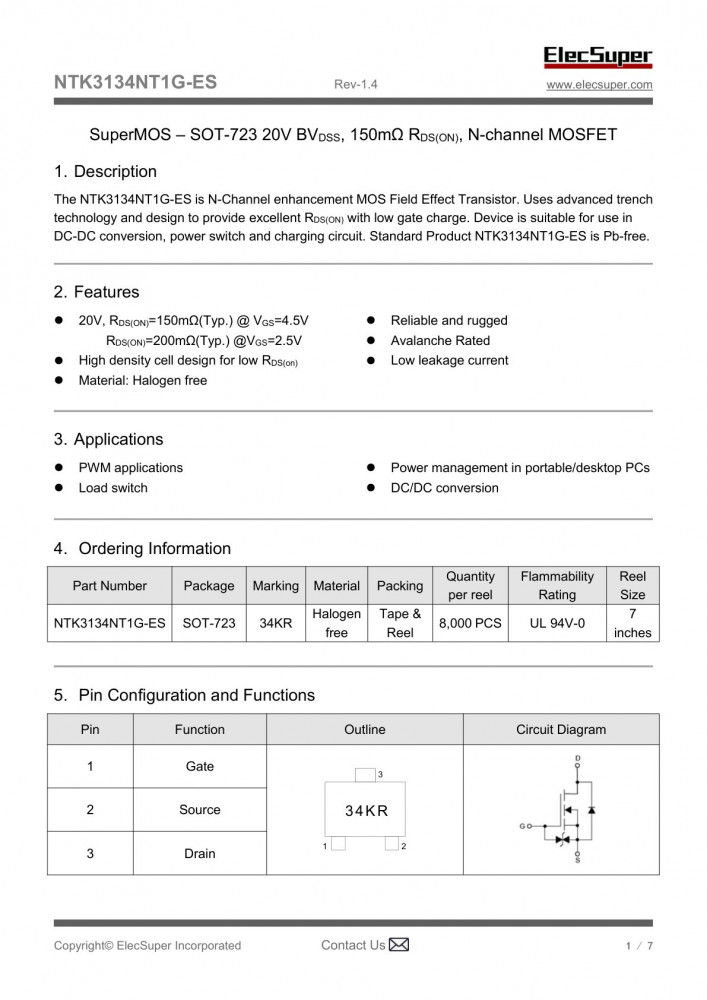 NTK3134NT1G-ES technical document page 1