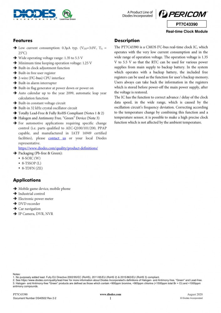 PT7C43390 datasheet page 1