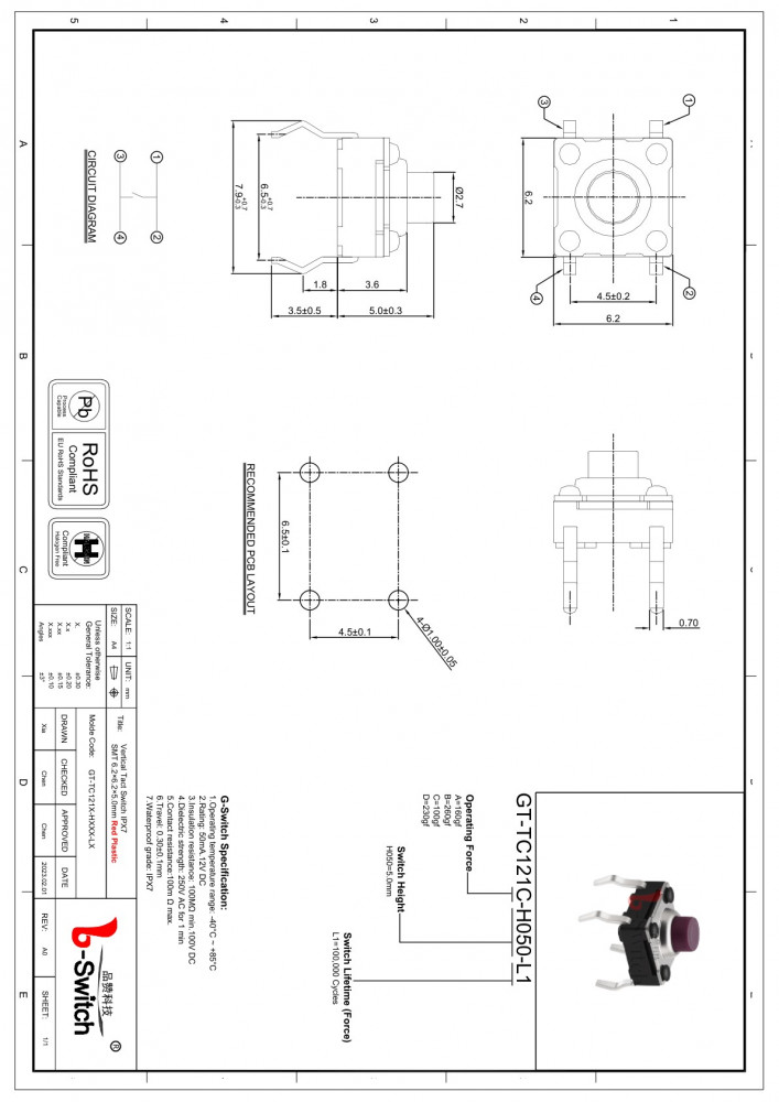 GT-TC121C-H050-L1 technical drawing and specification sheet
