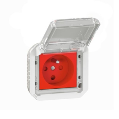 Plexo - French standard socket outlet - Grey 2P+E 16A 250V AC - IP55 IK08 impact-resistant with hinged lid