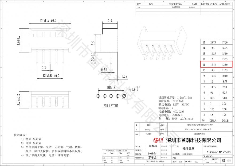 SHOU HAN 1.25mm-11P ZZ-MS specification page 1
