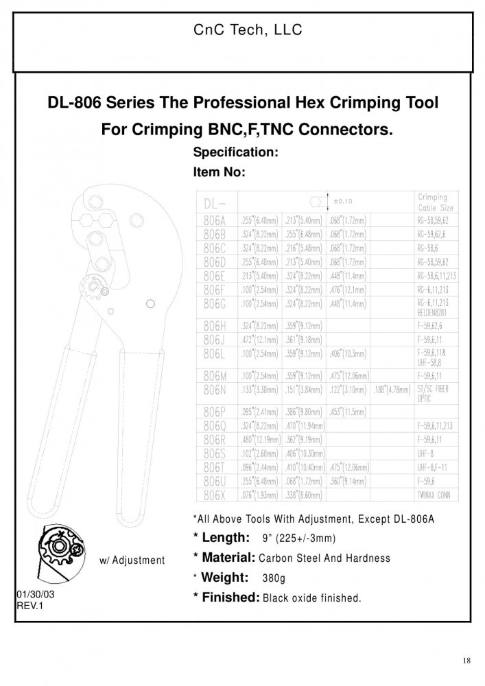 CNC Tech DL-806 series crimp tool specification sheet
