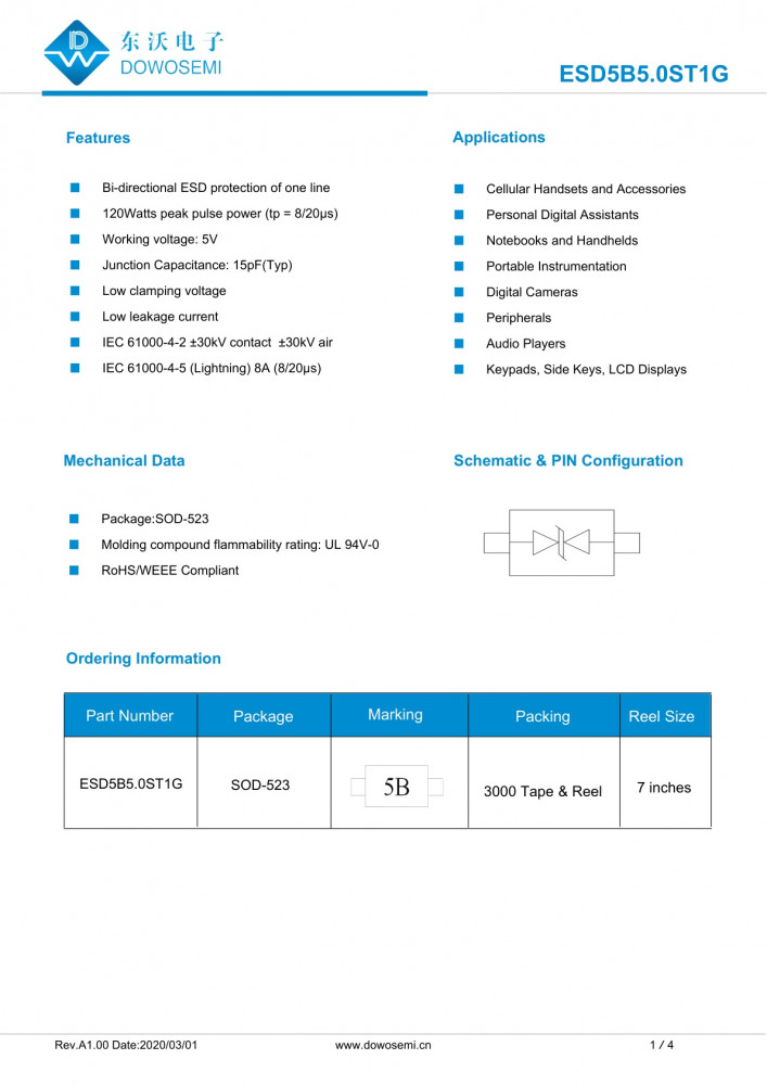 ESD5B5.0ST1G datasheet page 1