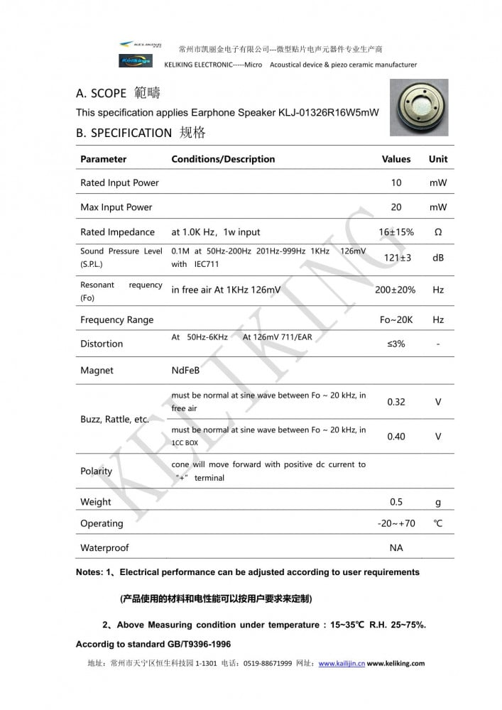 KLJ-01326R16W5mW specification page