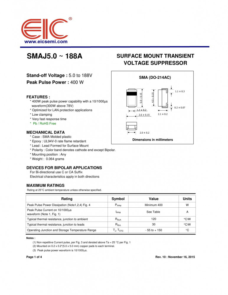 EIC SMAJ series datasheet page 1