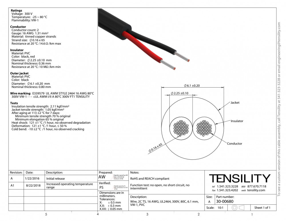 Tensility International 30-00680 cable drawing and specification sheet