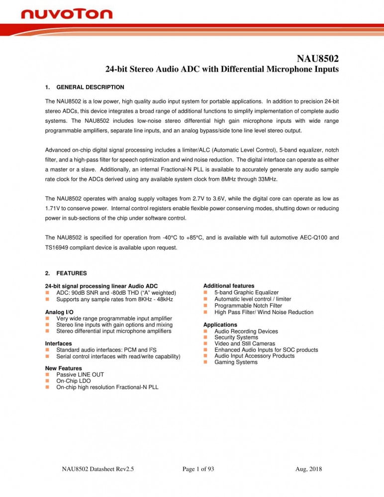 NAU8502 datasheet page 1