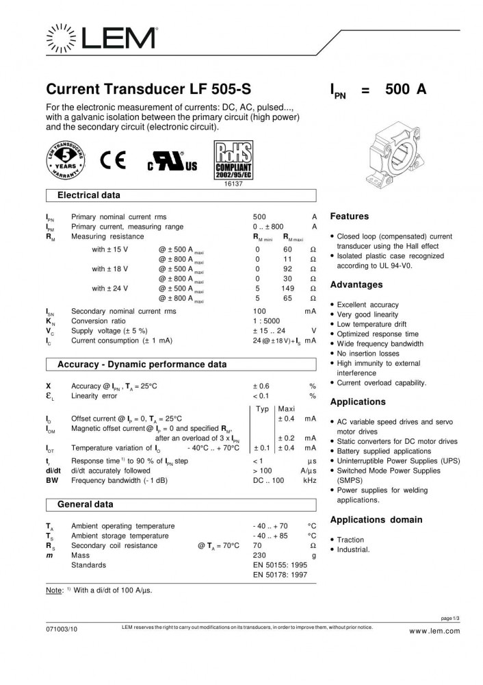 LEM LF 505-S datasheet page 1