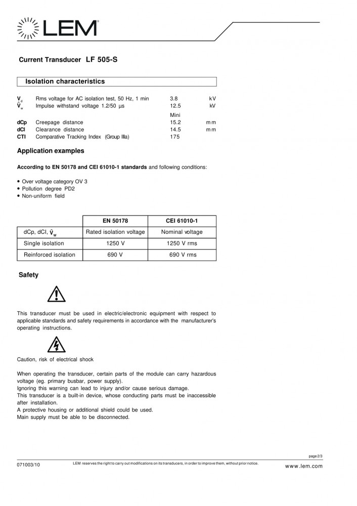 LEM LF 505-S datasheet page 2