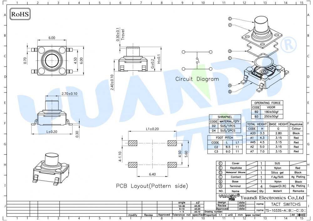 YUANDI TS-1033S-A7B3-C3D2-R tactile switch technical drawing