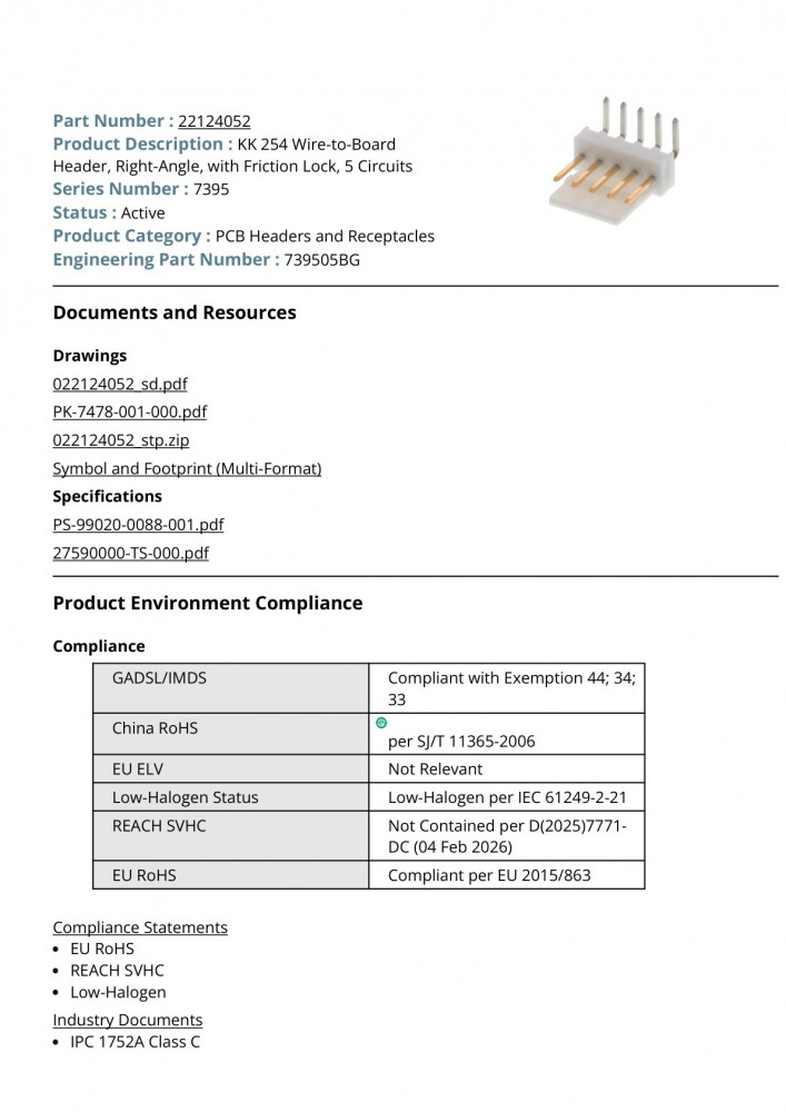 MOLEX 22124052 technical document preview, page 1