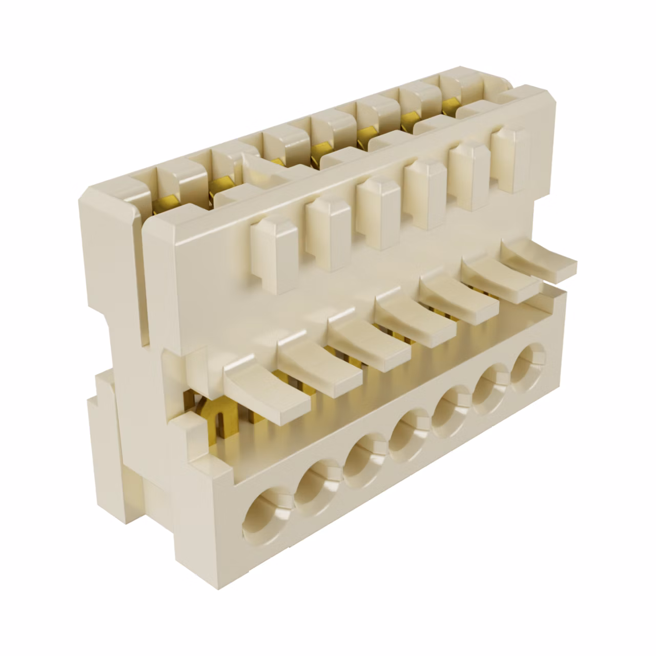 Appli-Mate RAST 2.5 Connector, 2.50mm Pitch, Female, 7 Circuits, Positions A and H Removed, Polarizing Rib Between 2/3, Locking Pips, Slotted Endwalls, Tin Plating