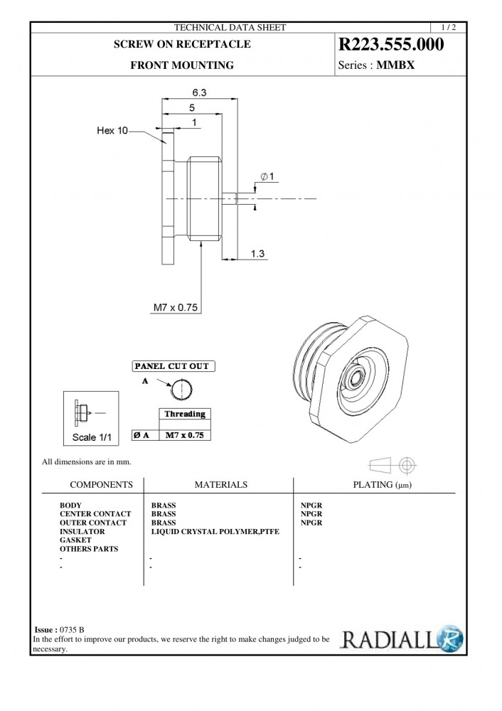 Radiall R223.555.000 MMBX receptacle technical drawing, page 1