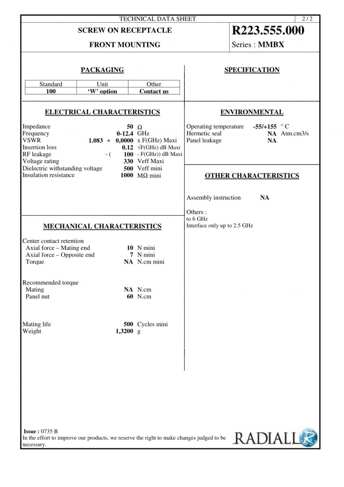 Radiall R223.555.000 MMBX receptacle technical data, page 2