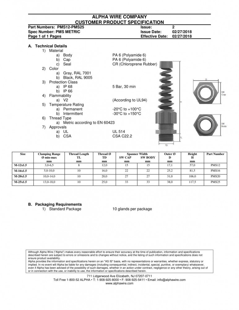 Alpha Wire PMS25 SL080 technical specification page