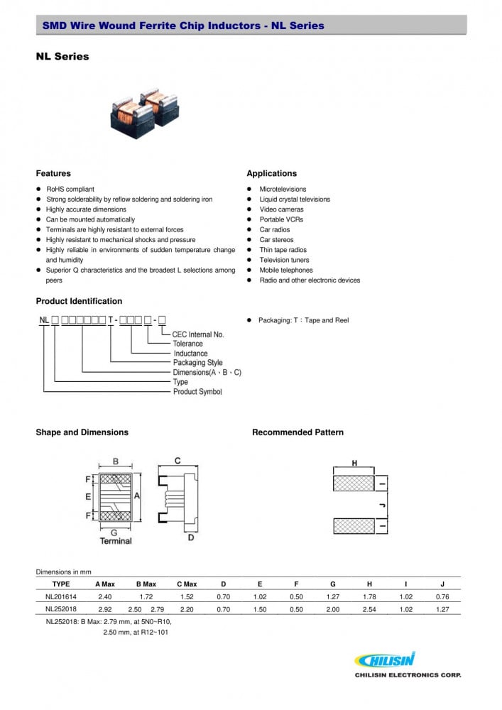 Chilisin NL Series datasheet page 1