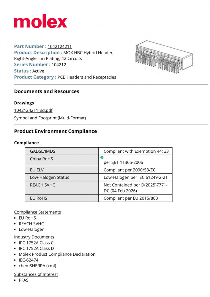 MOLEX 1042124211 technical drawing, page image 1