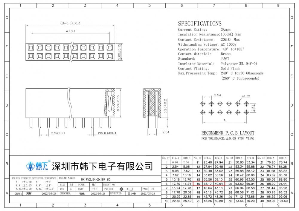 HX PM2.54-2x16P ZC technical document preview