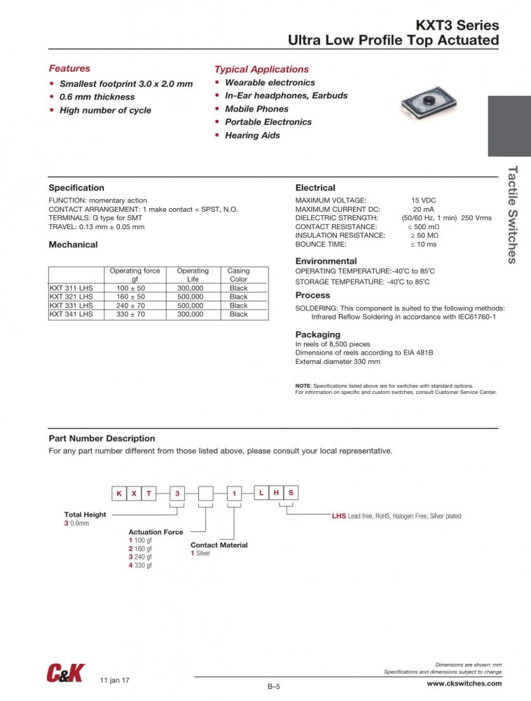 C&K KXT311LHS datasheet page 1
