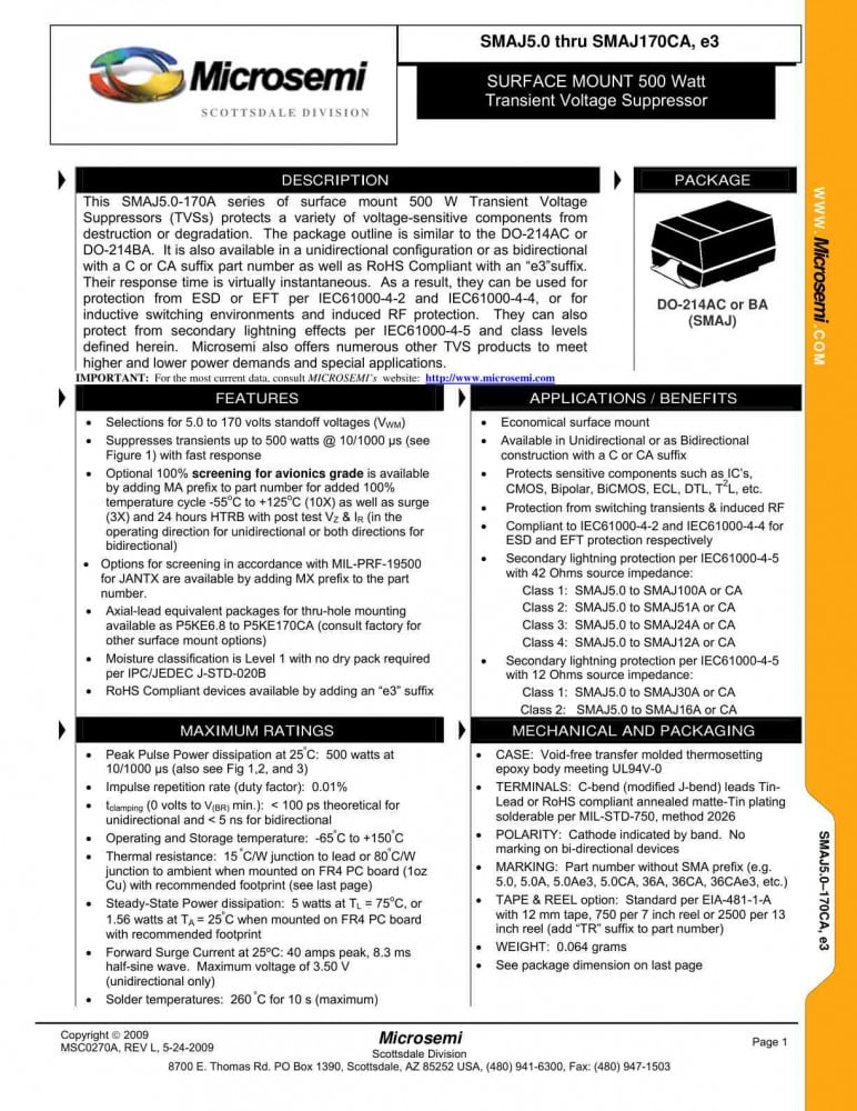 SMAJ40CAE3/TR13 datasheet page 1