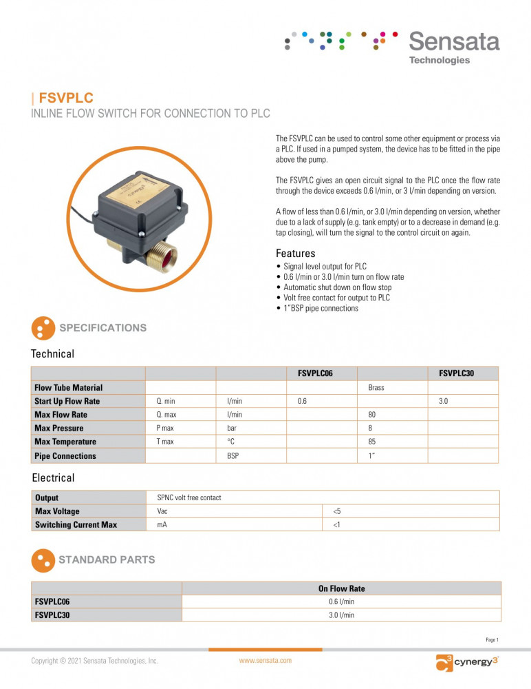 Sensata FSVPLC flow switch technical document page 1