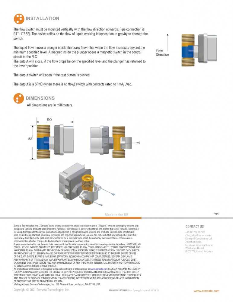 Sensata FSVPLC06 flow switch technical document page 2